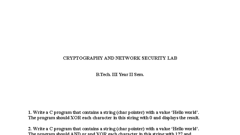 CRYPTOGRAPHY AND NETWORK SECURITY LAB B.Tech II Sem Programs and Algorithms - Studocu
