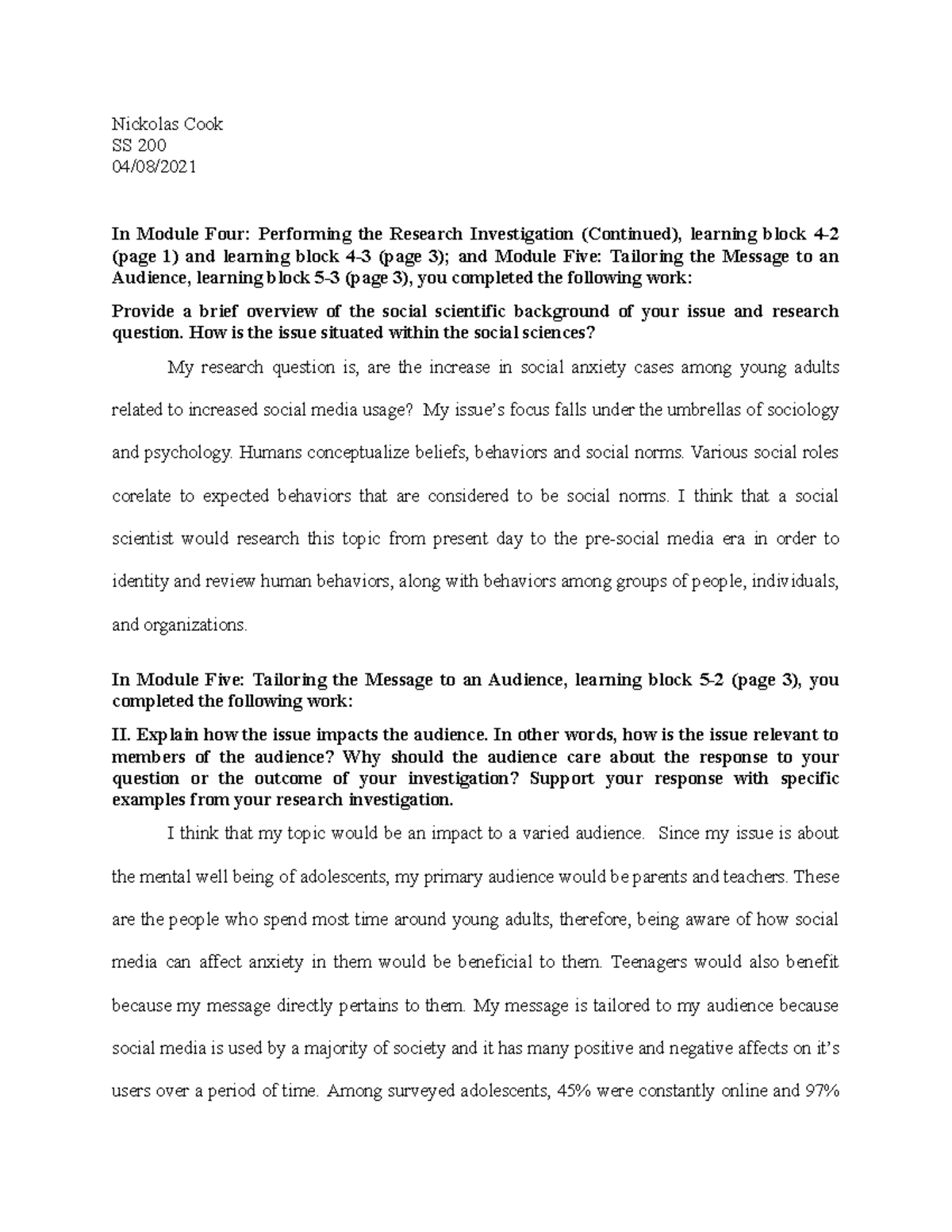 Presentation Progress Check 1 6-1 - Nickolas Cook SS 200 04/08/ In ...