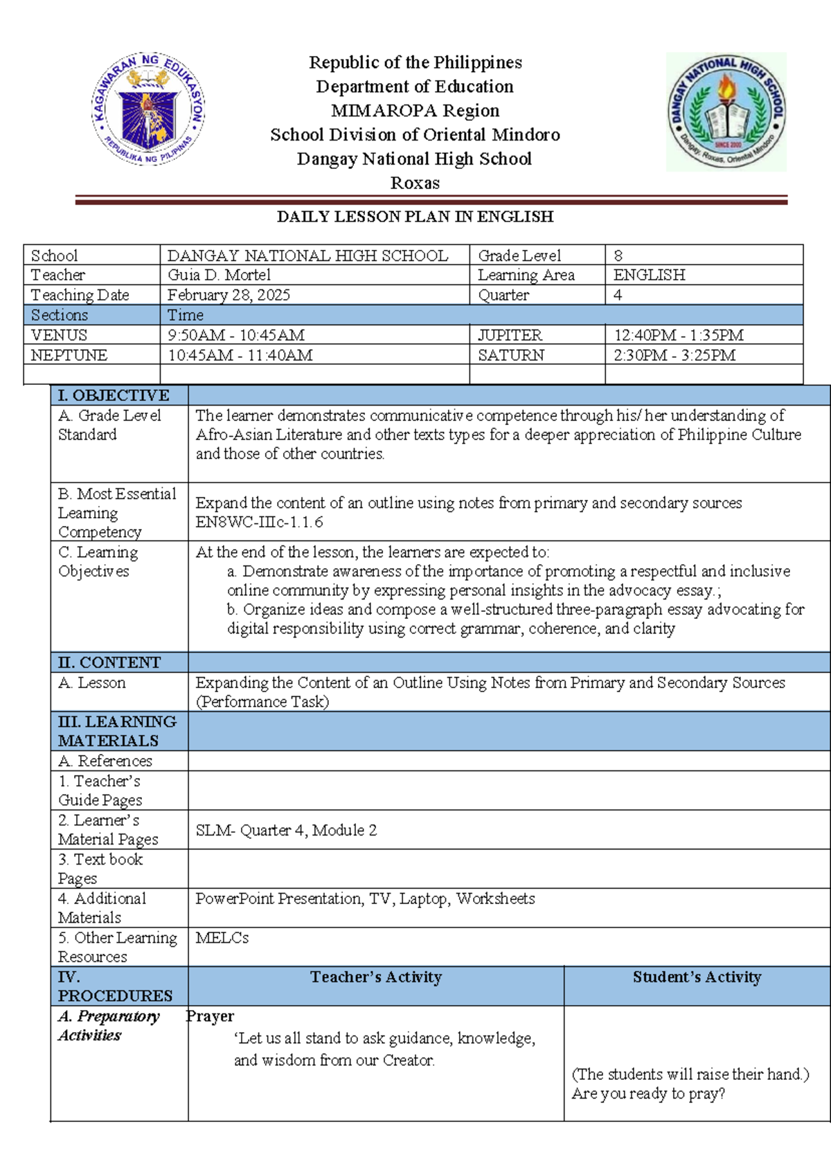 Daily Lesson Plan in English for Grade 8 - Advocacy Essay Task 2 - Studocu