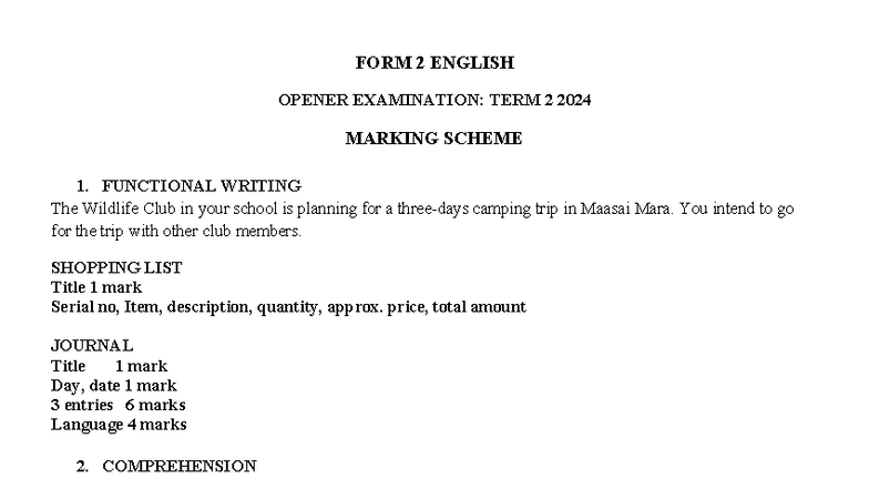 FORM 2 ENGLISH OPENER EXAMINATION: TERM 2 2024 MARKING SCHEME - Studocu