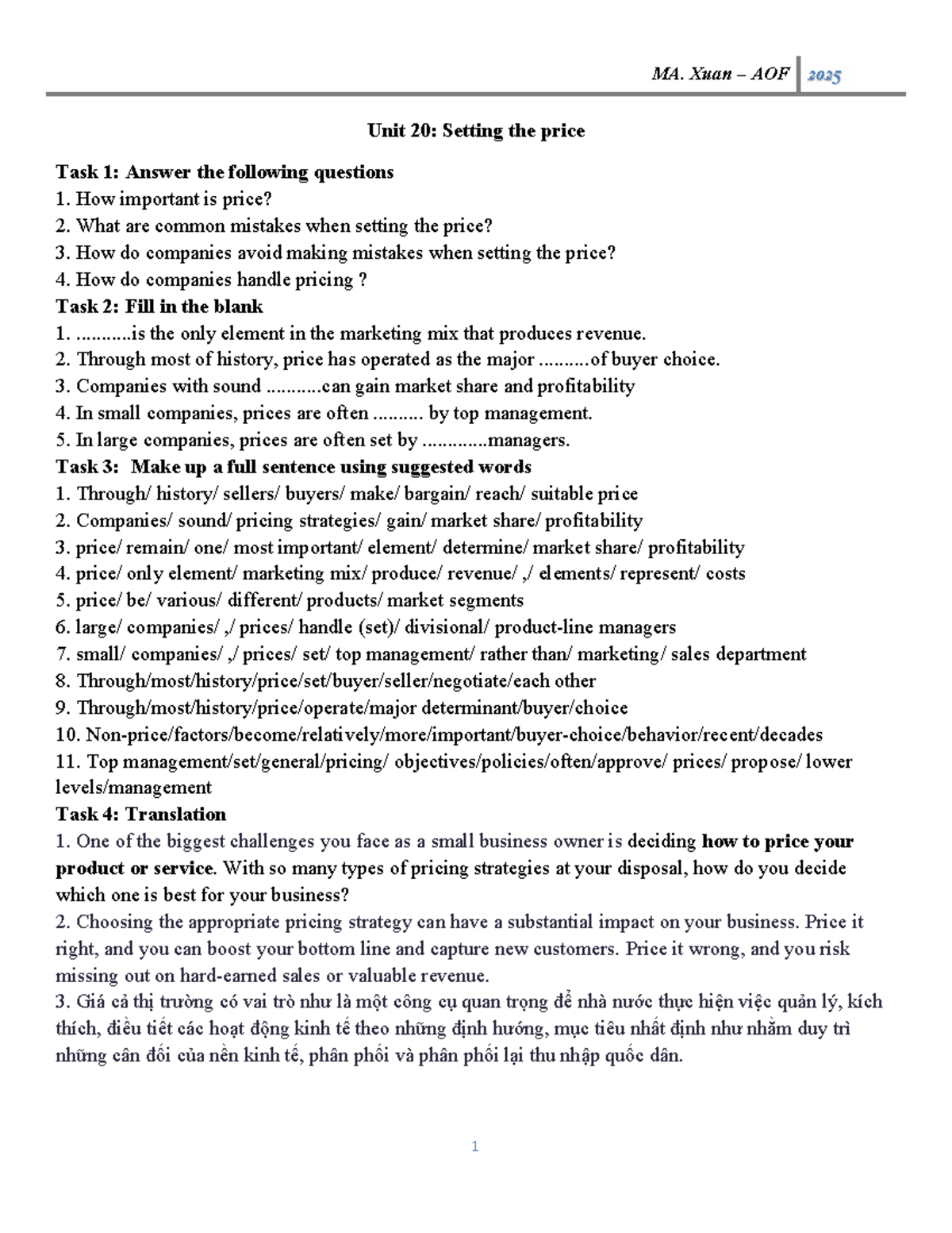 Unit 20: Setting the Price - MA. Xuan AOF 2025 Study Guide - Studocu