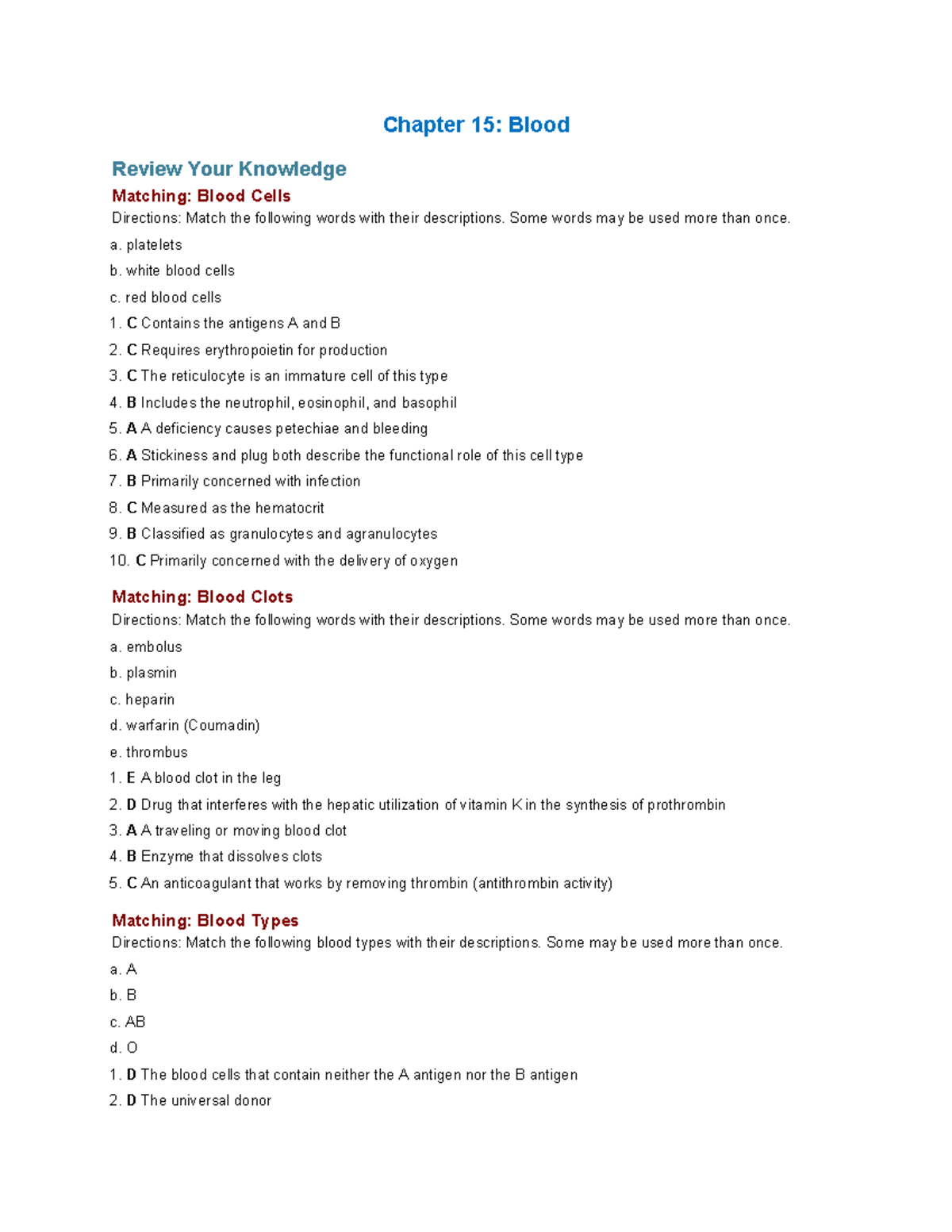 Chapter 15: Blood Review & Matching Questions for Cardiovascular ...