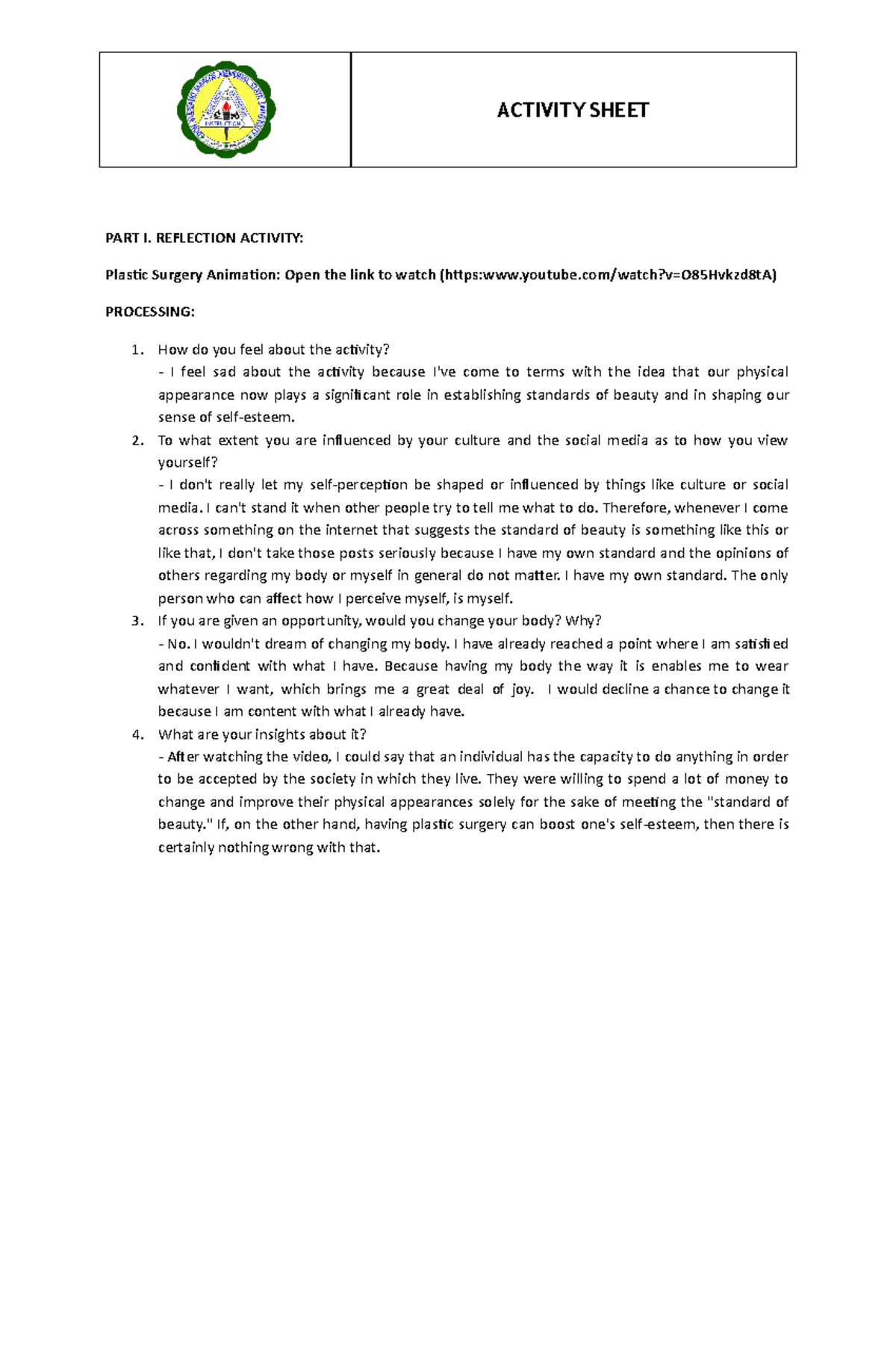 Reflection Activity on Body Image and Self-Perception Essay Notes - Studocu