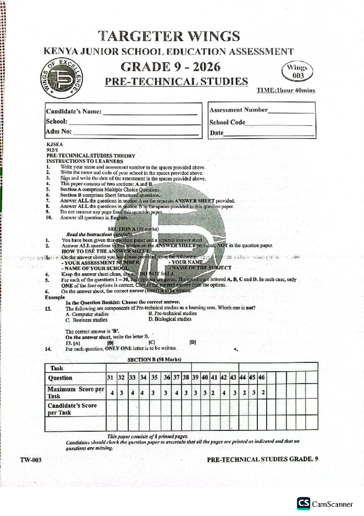 Targeter Wings 003 Grade 9 Pre-Tech Assessment 2026 - Studocu