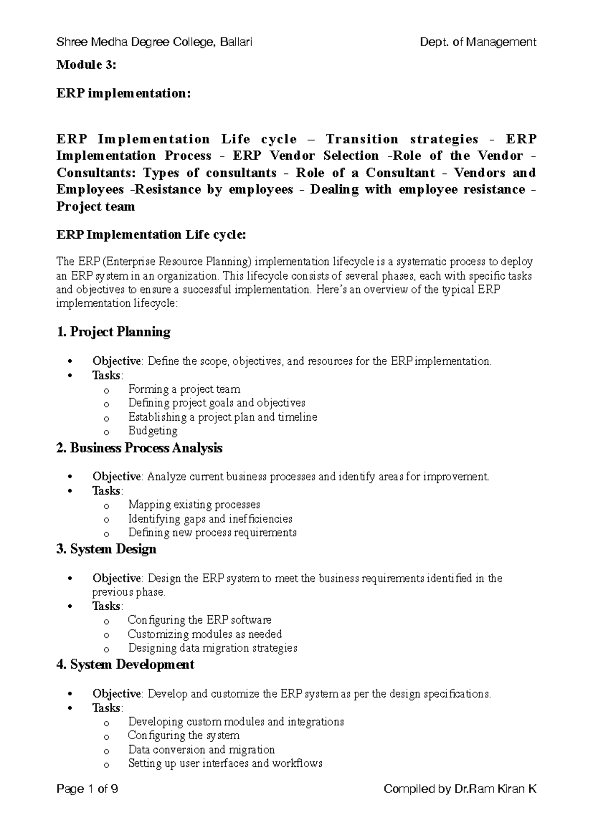 ERP Module 3 Notes: Implementation Lifecycle & Strategies - Studocu