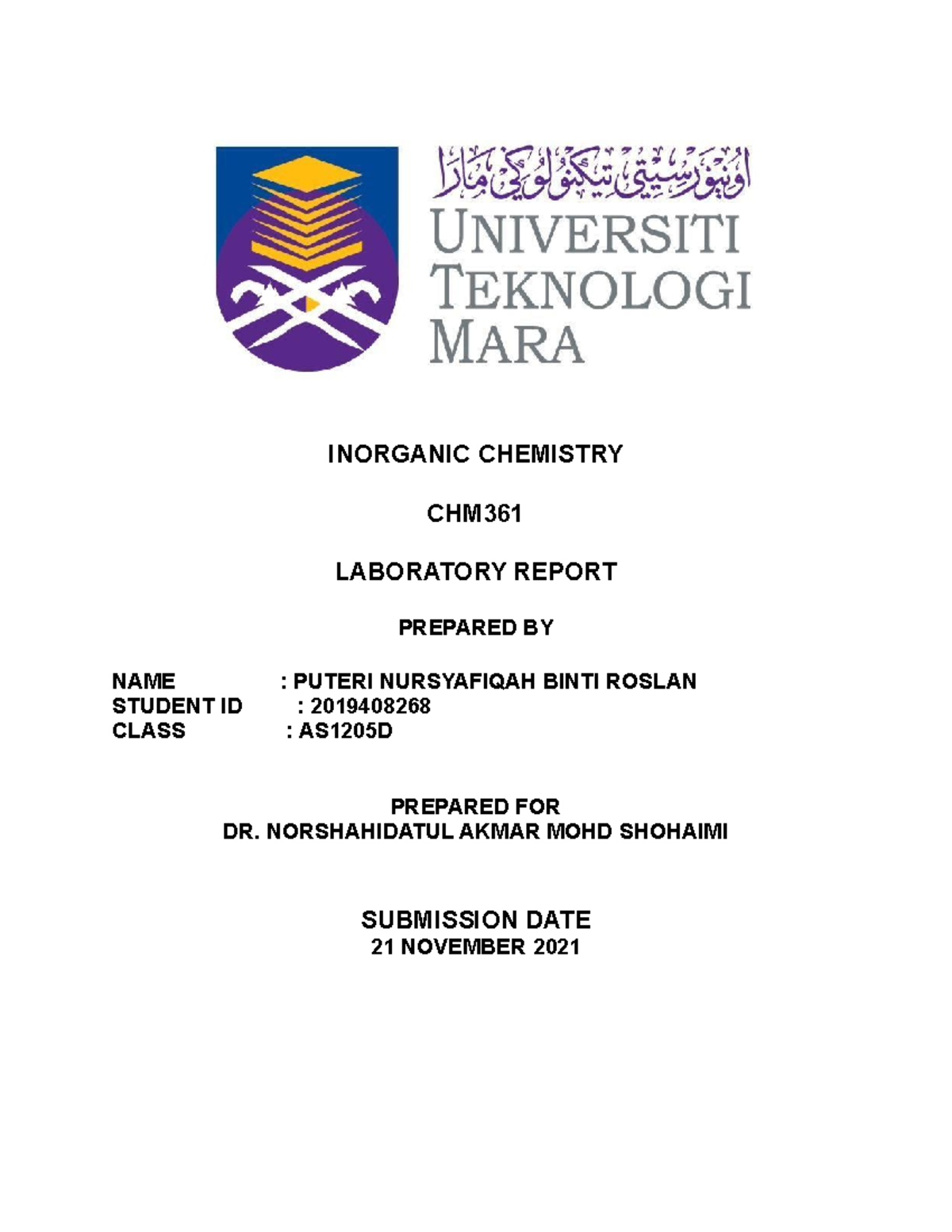 Laboratory Report Experiment 2 and 3 - INORGANIC CHEMISTRY CHM ...
