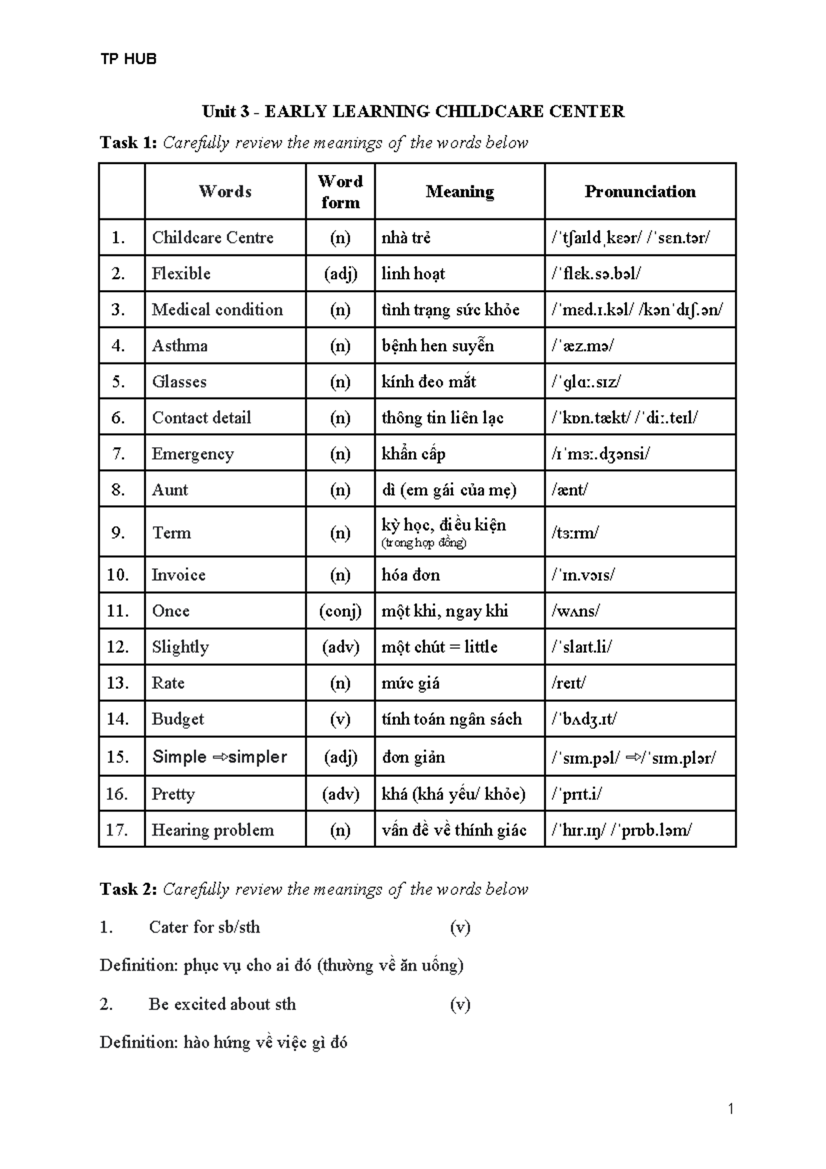TP HUB: Vocabulary & Tasks for Early Learning Childcare Center - Studocu