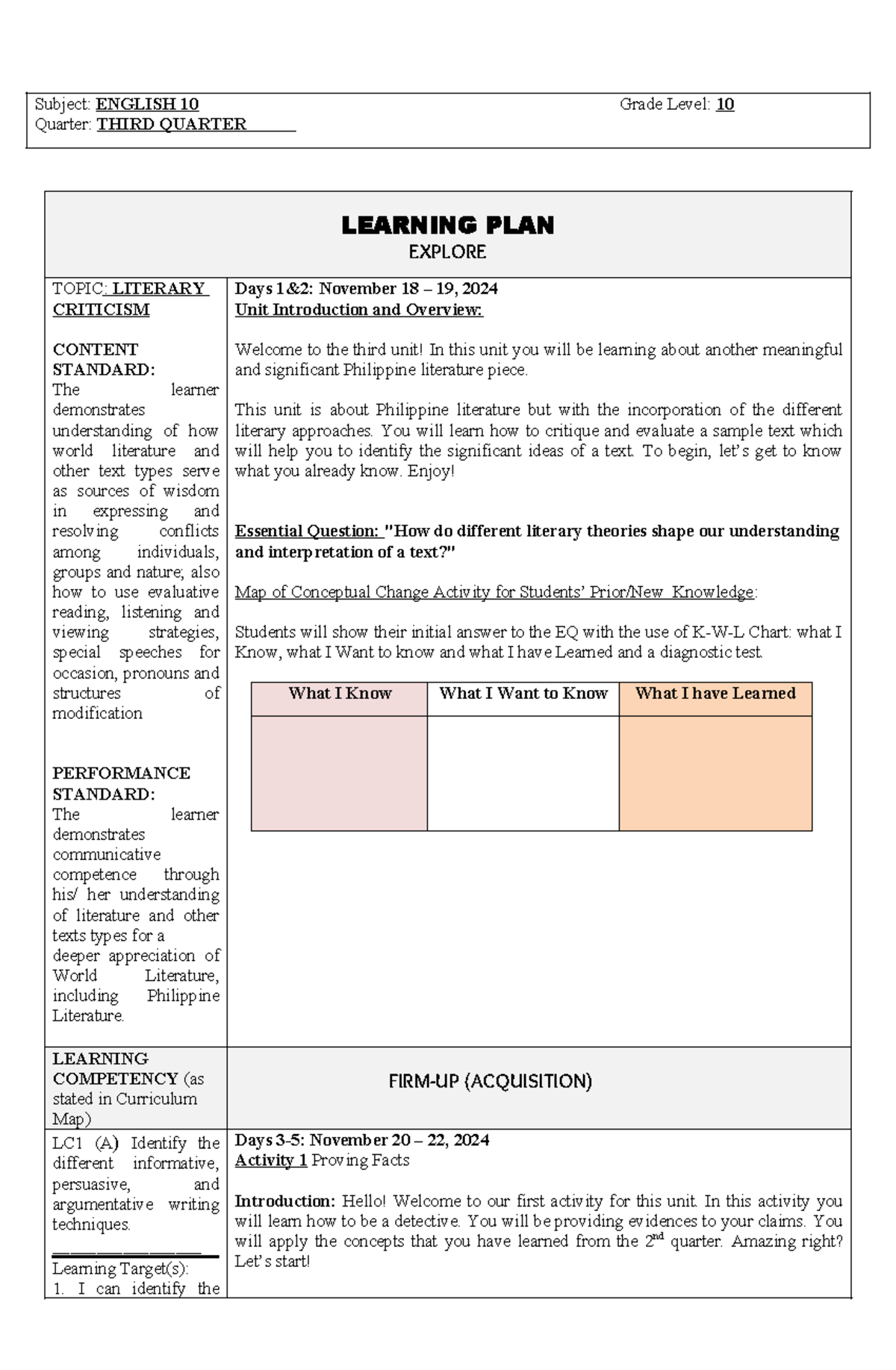 English 10 3rd Quarter Learning Plan: Literary Criticism Unit - Studocu