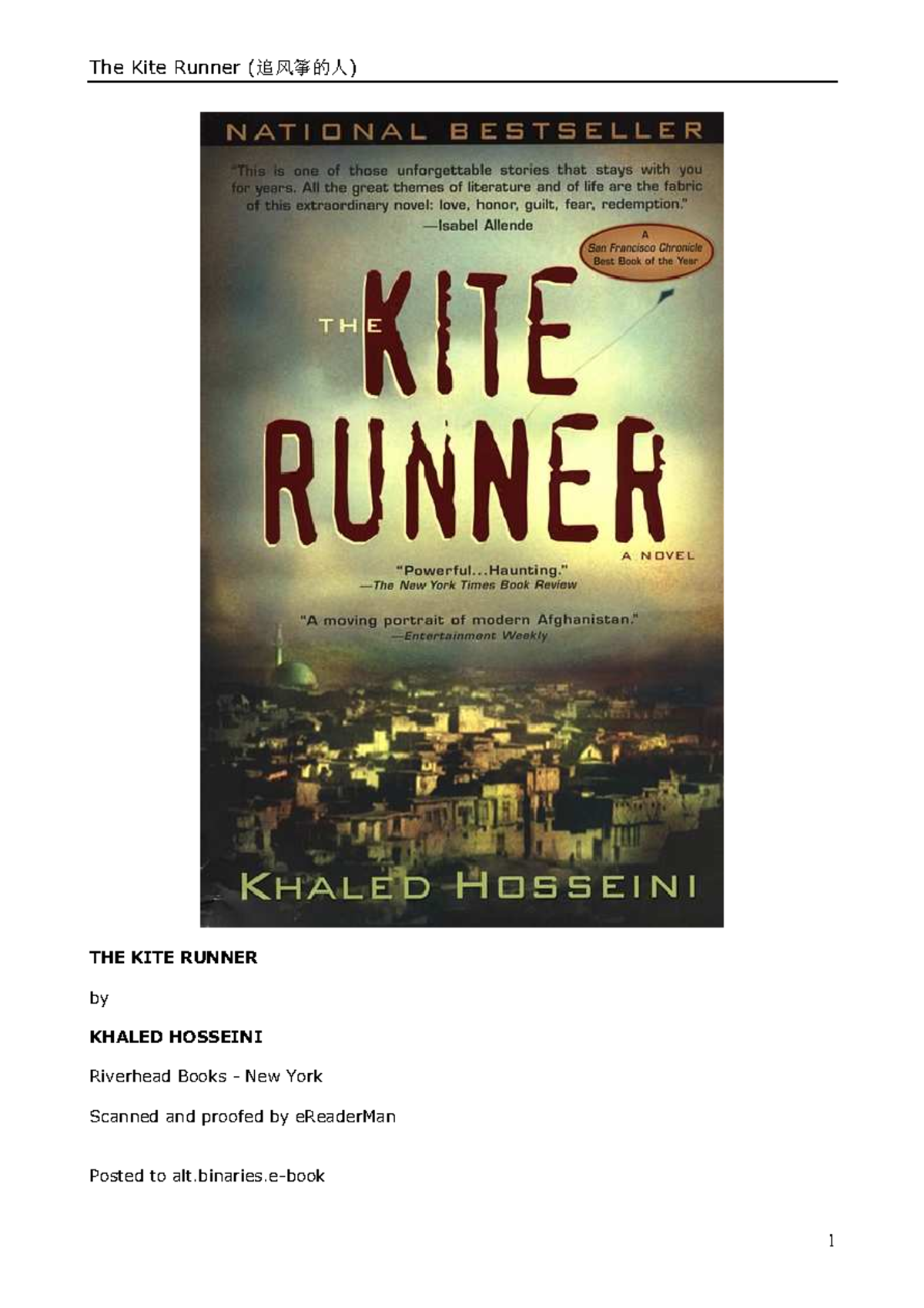 Kite Runner (追风筝的人) - Khaled Hosseini: Complete Text Analysis - Studocu