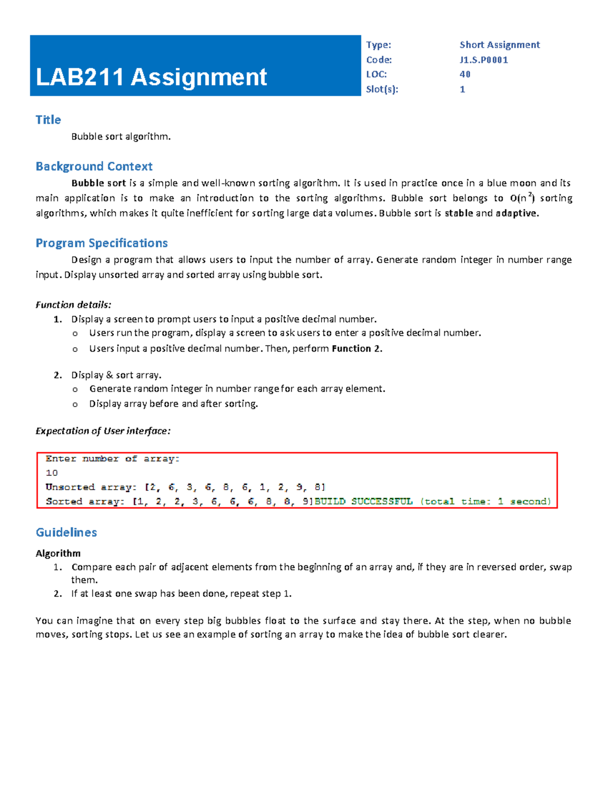 LAB211 Short Assignment: Bubble Sort Algorithm Overview - Studocu