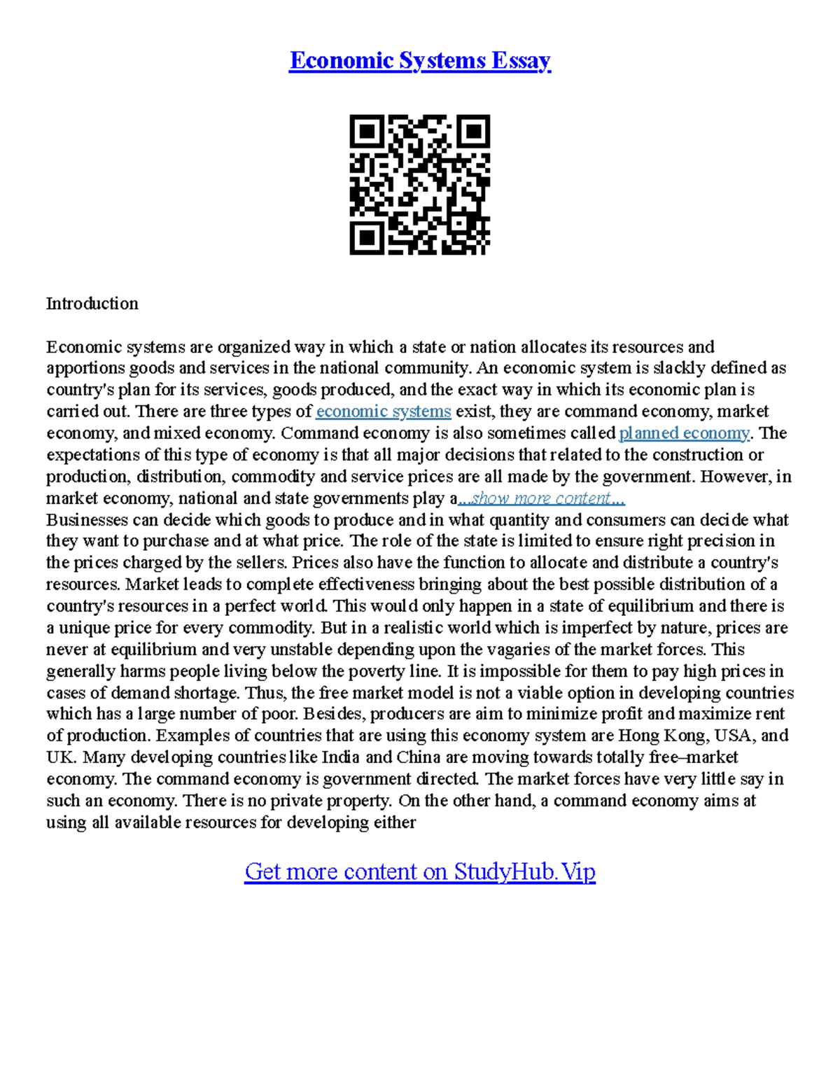 Economics Essay Writing - Economic Systems Essay Introduction Economic ...