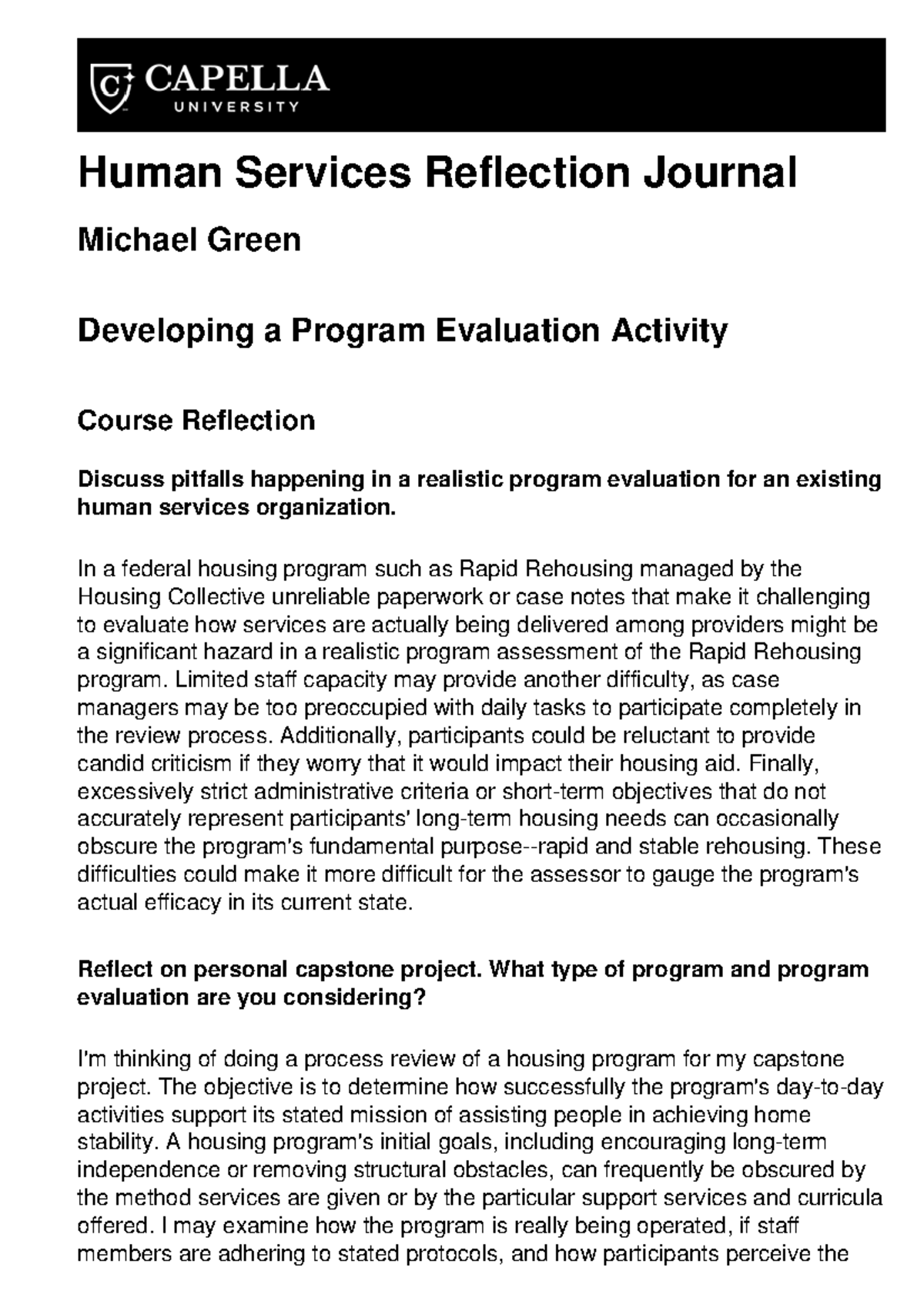 Human Services Reflection Journal: Program Evaluation Insights - Studocu