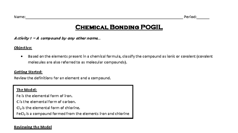 Chemical Bonding POGIL Activities: Ionic & Covalent Compounds - Studocu