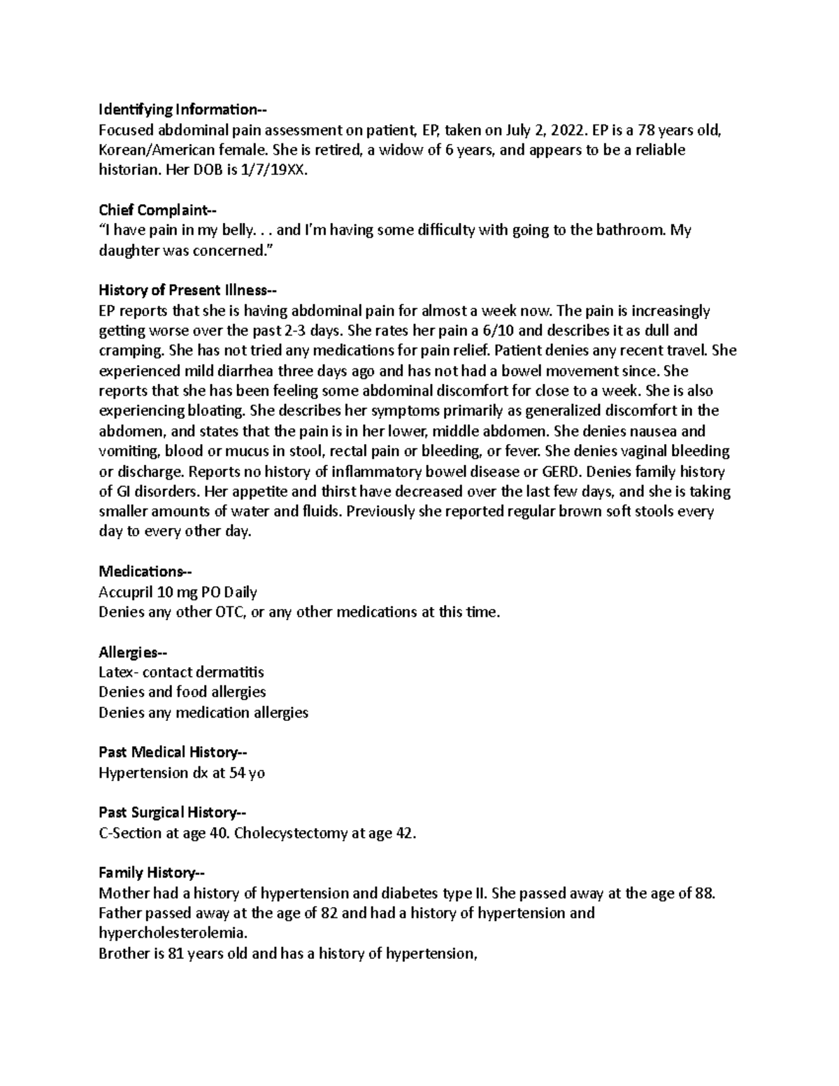 SOAP Note: Abdominal Pain Assessment for Patient EP - Studocu
