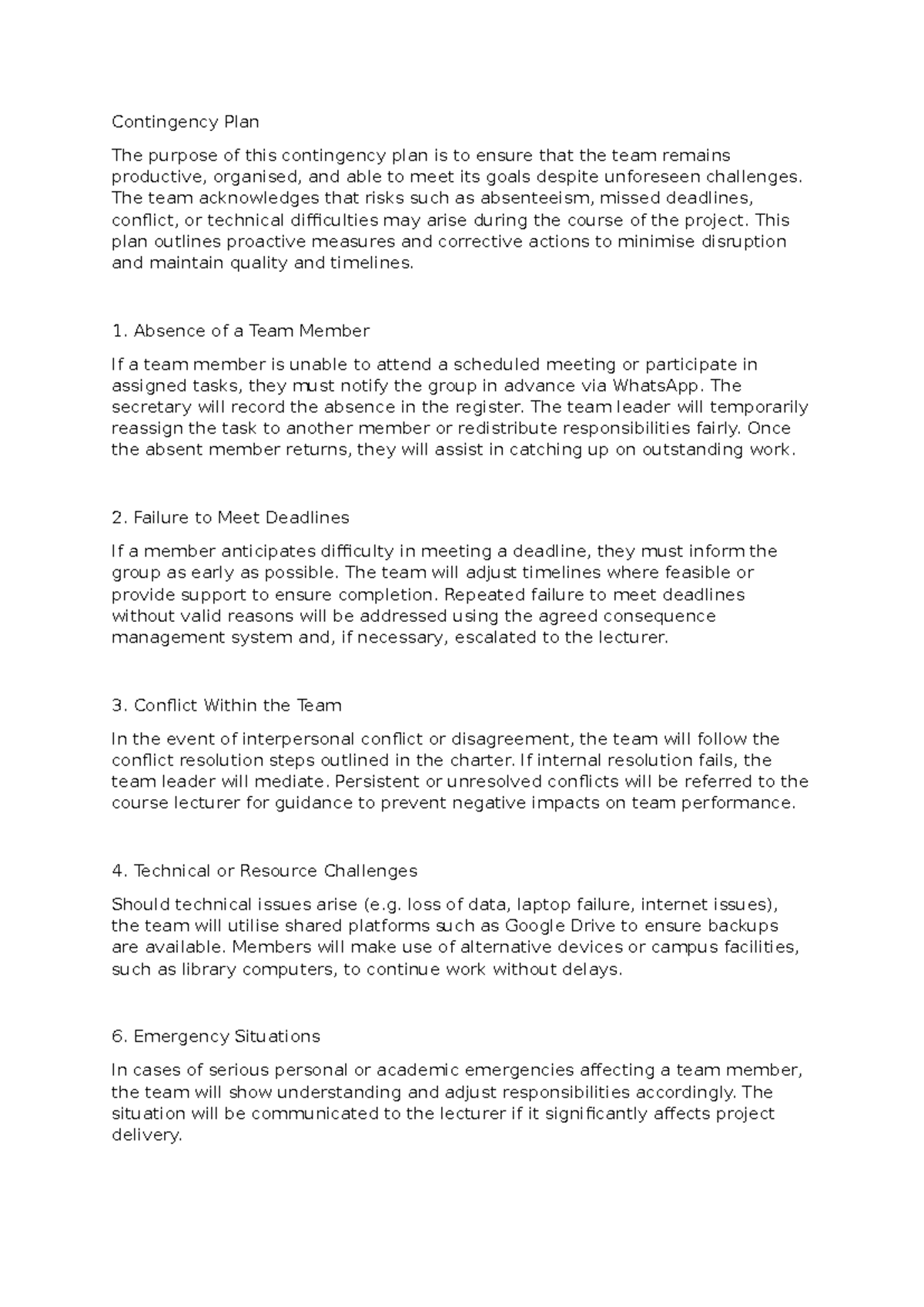 Contingency Plan for Team Management and Risk Mitigation - Studocu
