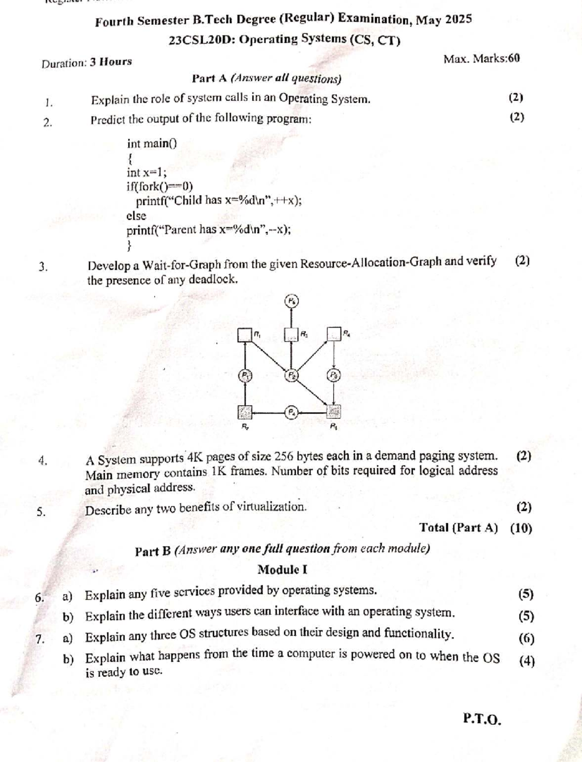 Fourth Semester B.Tech 23CSL20D: Operating Systems Exam Paper May 2025 - Studocu