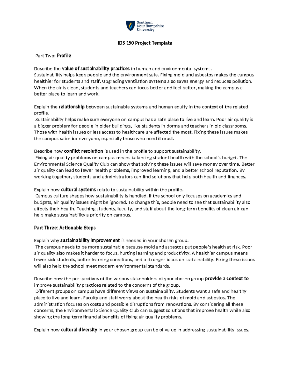 IDS 150 Project Template 5-2: Sustainability Action Plan PART 2 & 3 ...