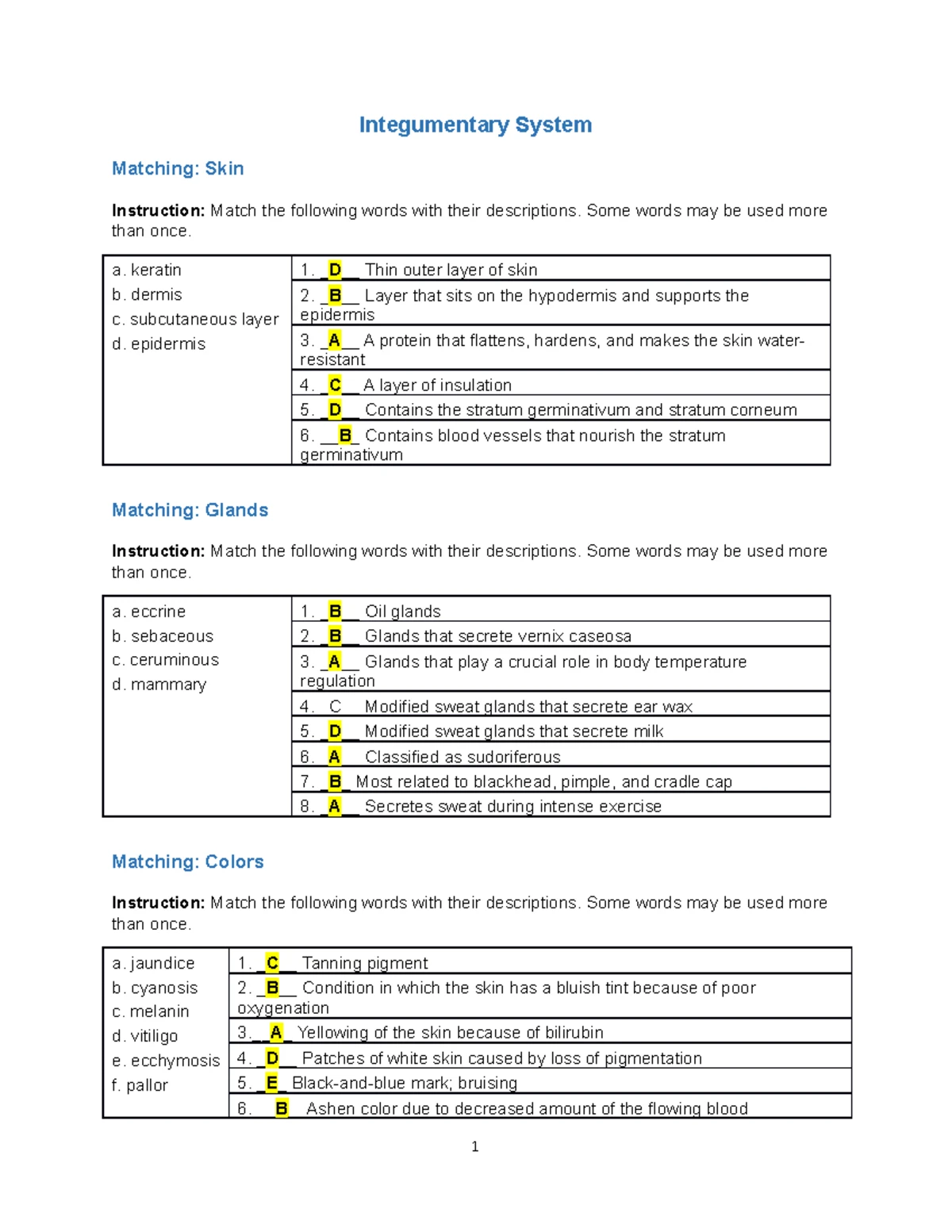 AHP106 Wk2 Integumentary & Skeletal System Matching Assignment - Studocu