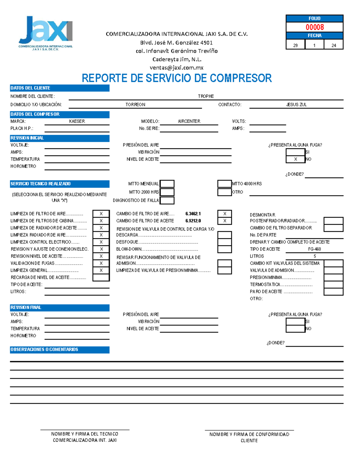 Reporte de Servicio de Compresor JAXI - Folio 00008 - Studocu