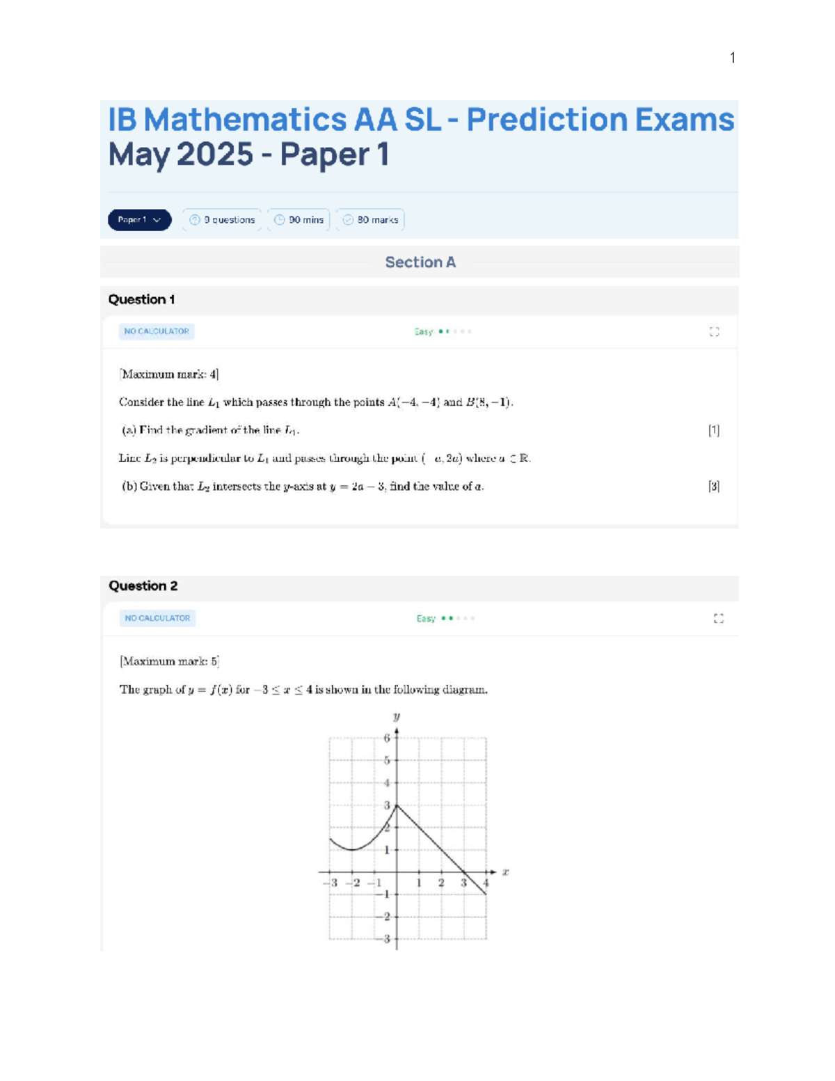 1 IB Mathematics AA SL May 2025 Prediction Exam Paper 1 Practice - Studocu