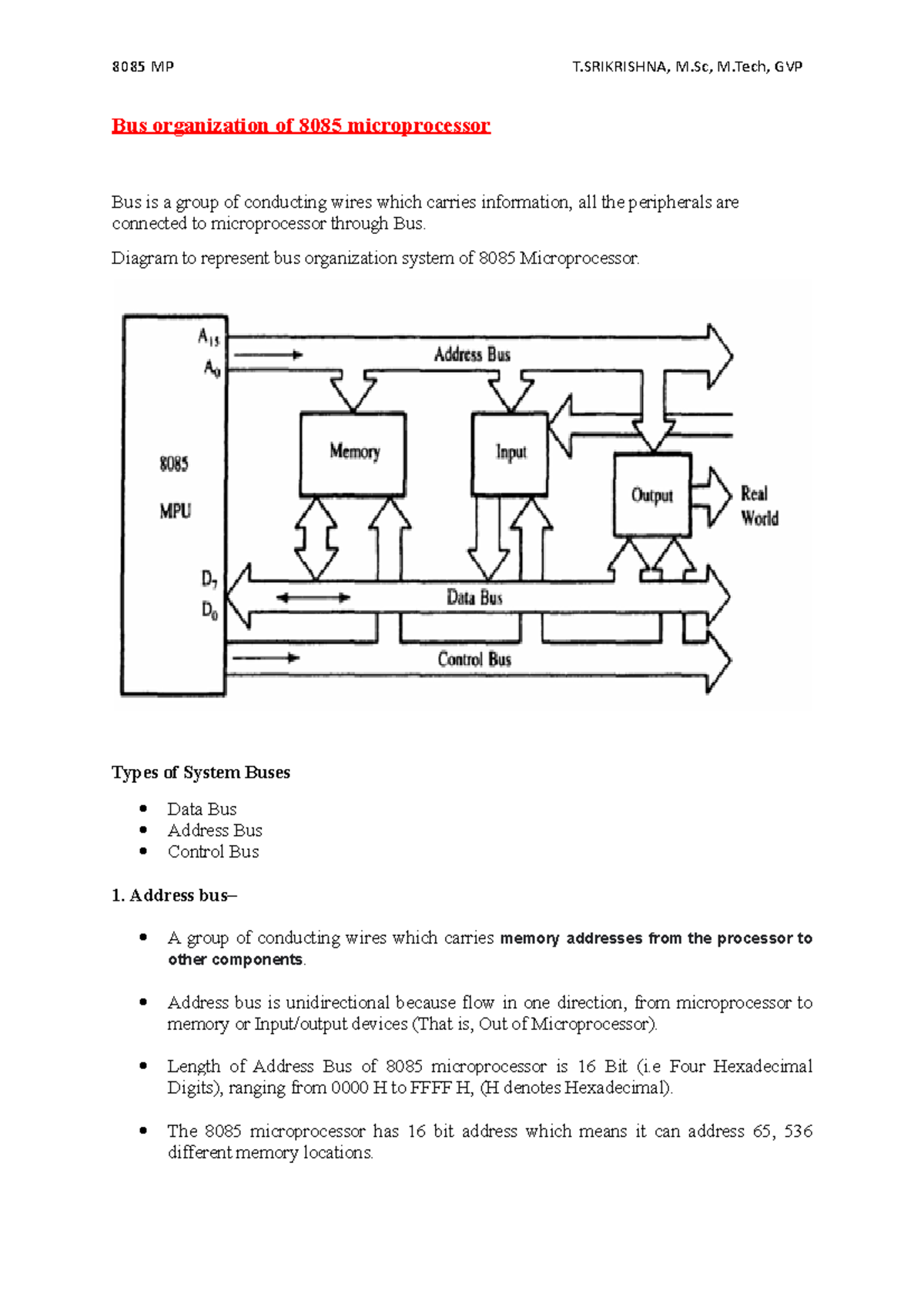 Bus Organization and Addressing Modes of 8085 Microprocessor - Studocu