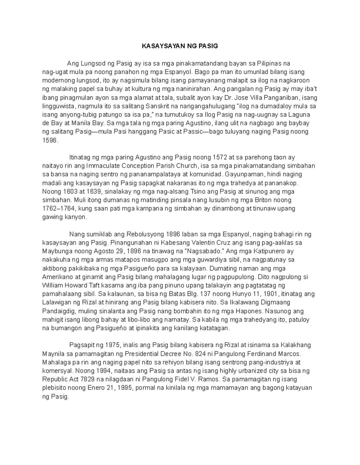 KASAYSAYAN NG PASIG: Isang Pagsusuri sa Makasaysayang Lungsod - Studocu
