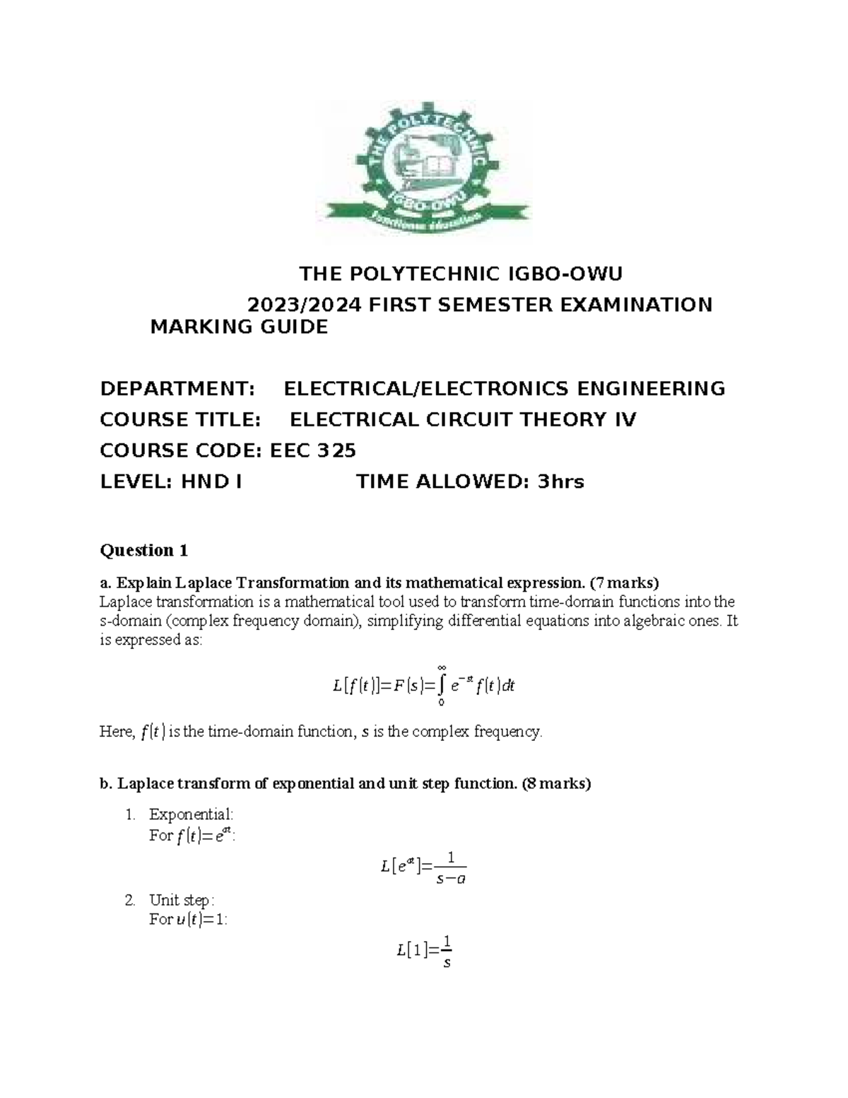 EEC 325 Final Exam Marking Guide: Electrical Circuit Theory IV - Studocu