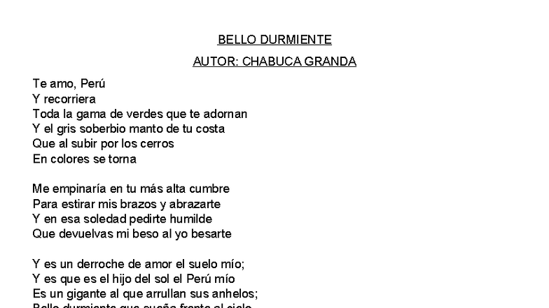 Bello Durmiente - Letras de Canción de Chabuca Granda - Studocu