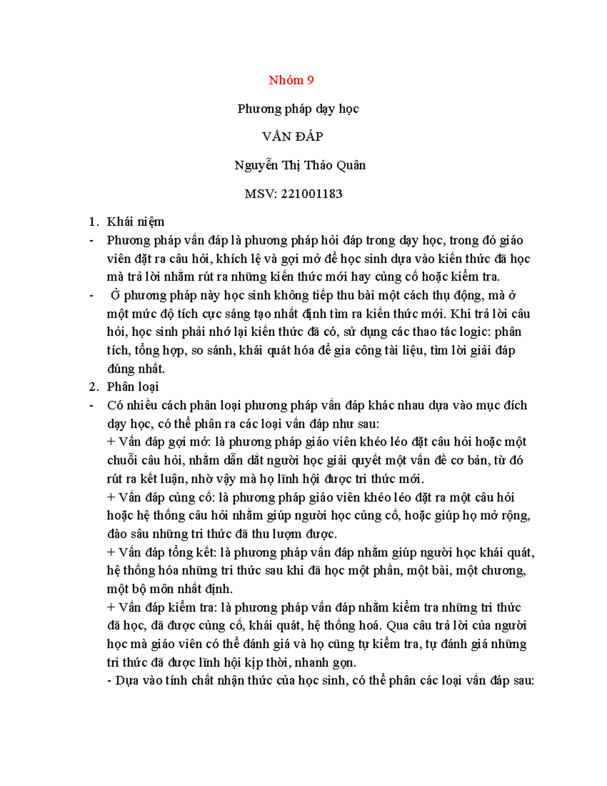 Phương Pháp Vấn Đáp trong Dạy Học (BT GDH) - Nhóm 9 - Studocu