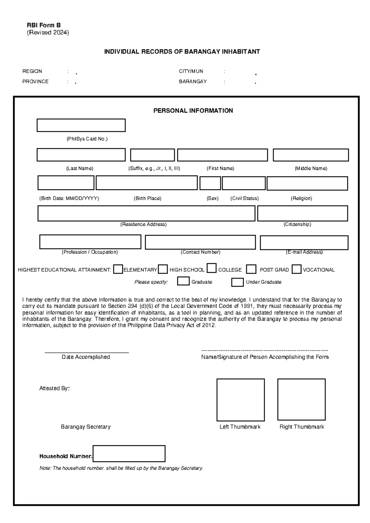 RBI-FORM-B Individual Records of Barangay Inhabitants 2024 - Studocu