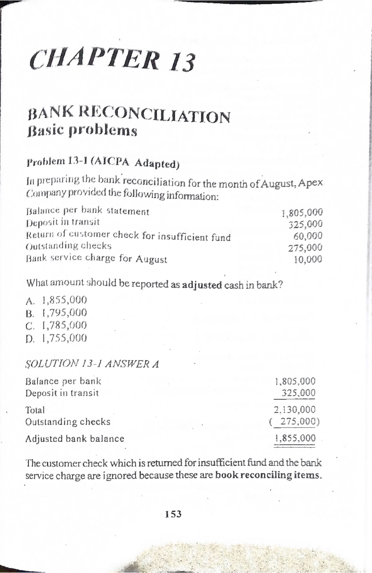 CHAPTER 13 BANK RECONCILIATION: Basic Problems & Solutions (AICPA ...