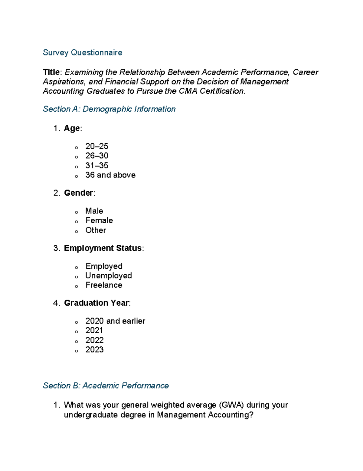 Survey questionnaire - Survey Questionnaire Title: Examining the ...