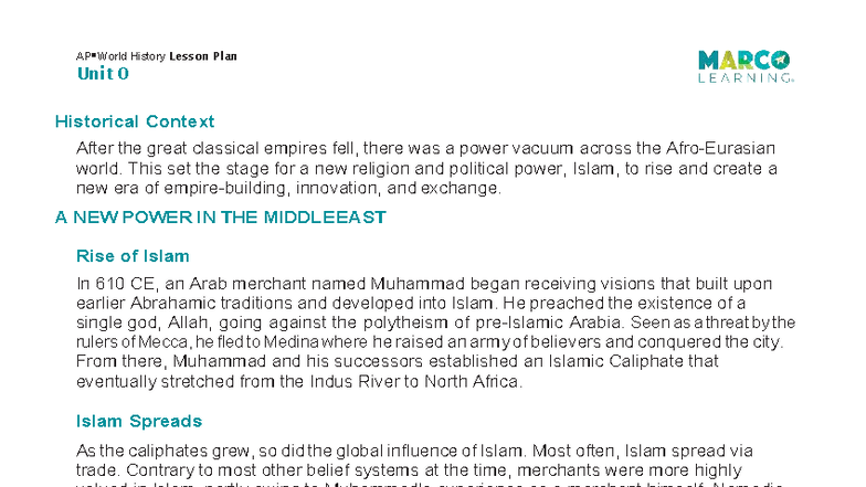 World History Lesson Plan Unit 0: Rise of Islam and Fragmentation - Studocu