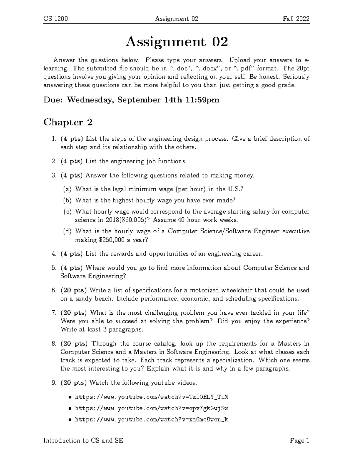 CS 1200 Assignment 02 - Engineering Design Process & Self-Reflection ...