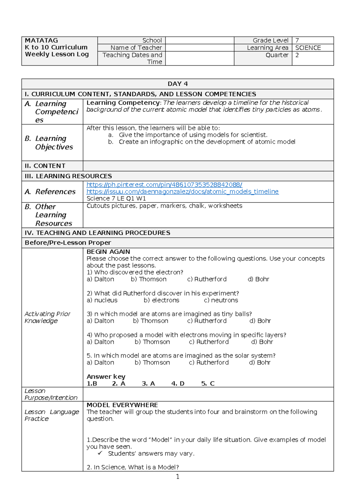 SCI8 Q2 WK1 D4 - Weekly Lesson Log on Atomic Models - Studocu