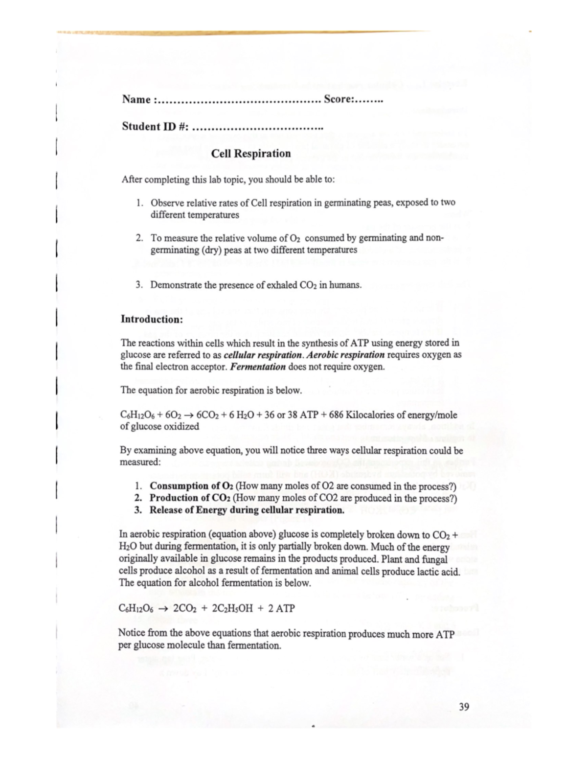 Cell Respiration - lab - Name : Score: Student ID Cell Respiration ...