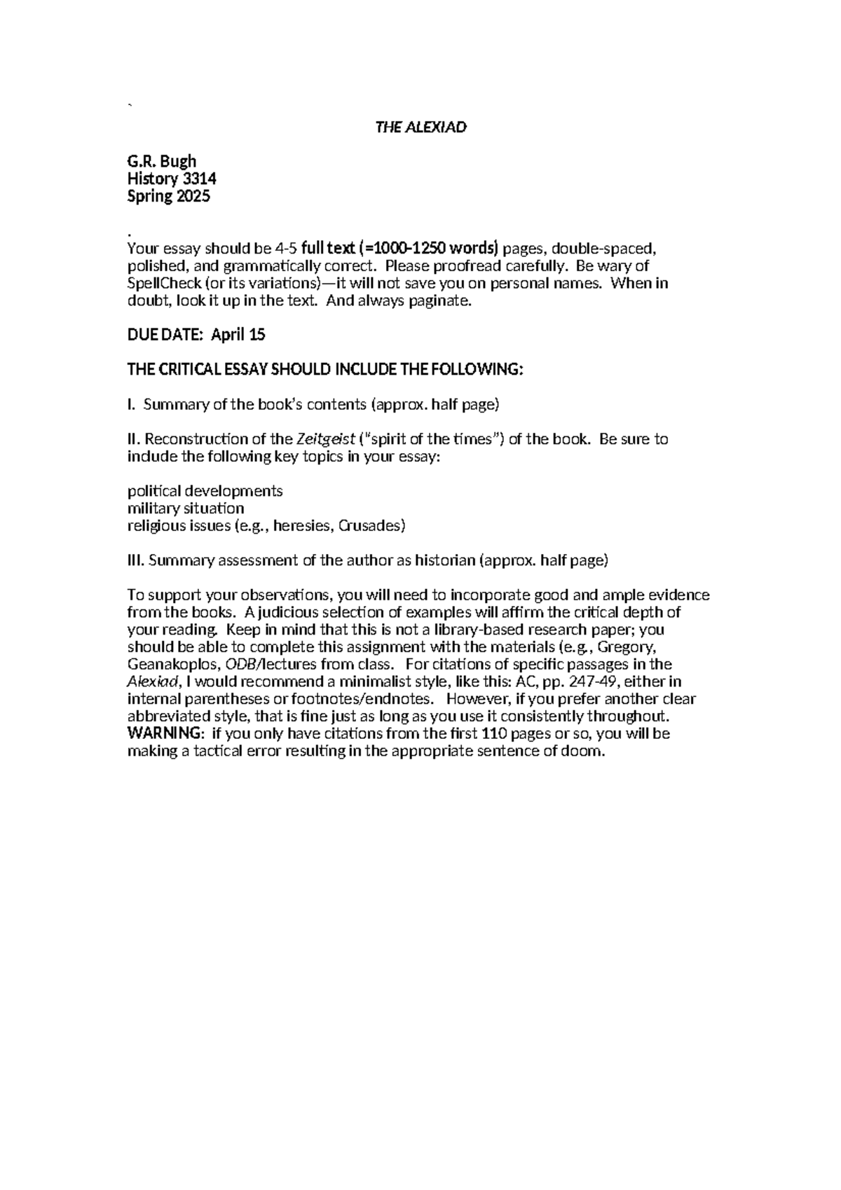 HIST3314Alexiad Critical Essay 2025 - ` THE ALEXIAD G. Bugh History ...