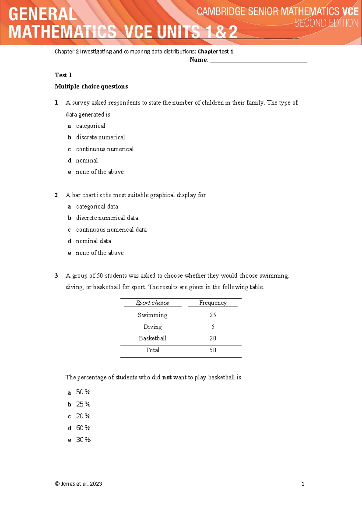 VCE GM1&2 02 Chapter 2 Data Distributions: Test 1 Practice Questions ...