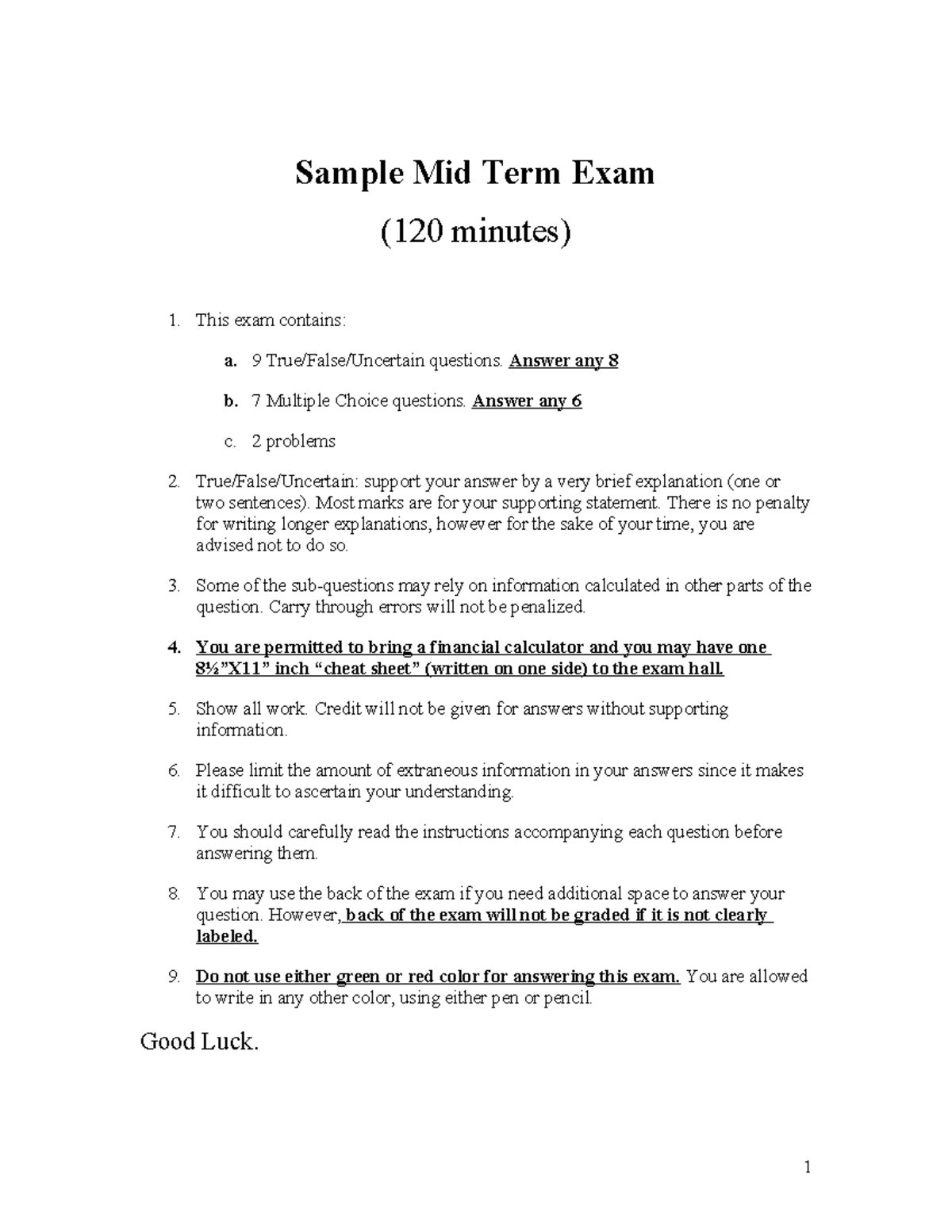 Fina 385 Sample Midterm Exam Guidelines and Questions - Studocu
