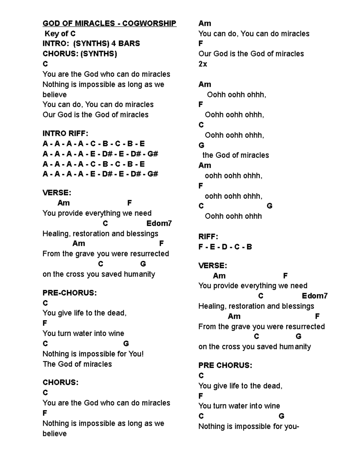 God of Miracles Chords - heue - GOD OF MIRACLES - COGWORSHIP Key of C INTRO: (SYNTHS) 4 BARS ...