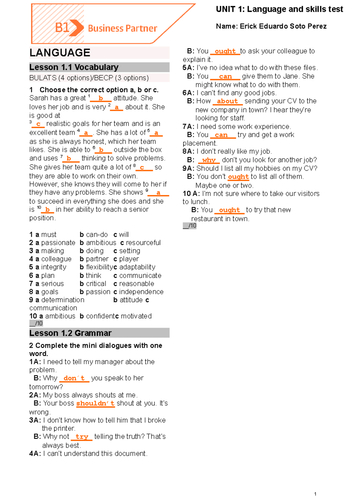 4 BP B1 Tests Unit 1 Vocabulary & Grammar Lessons (002) - Studocu