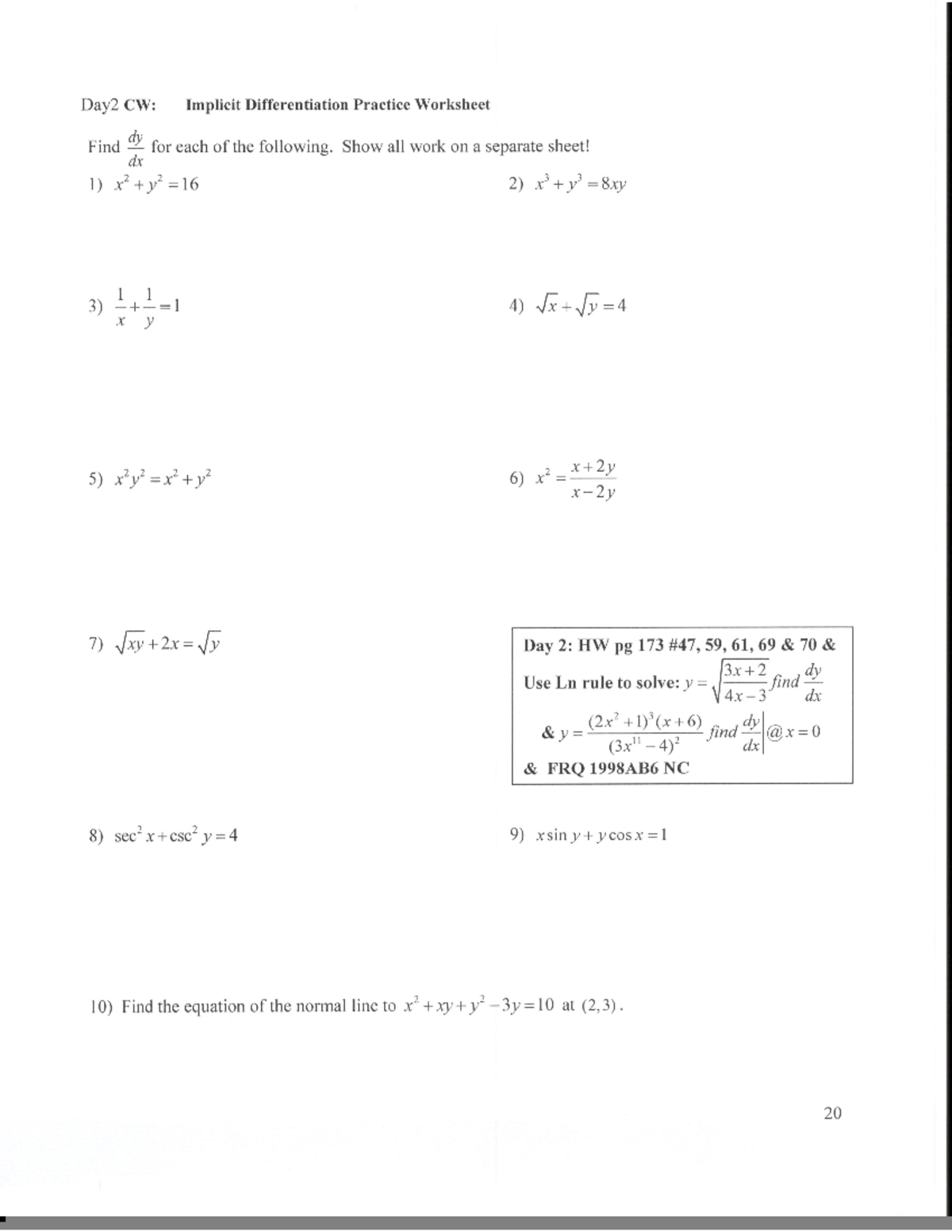 calculus notes implicit - Day2 CW: Implicit Differentiation Practice ...