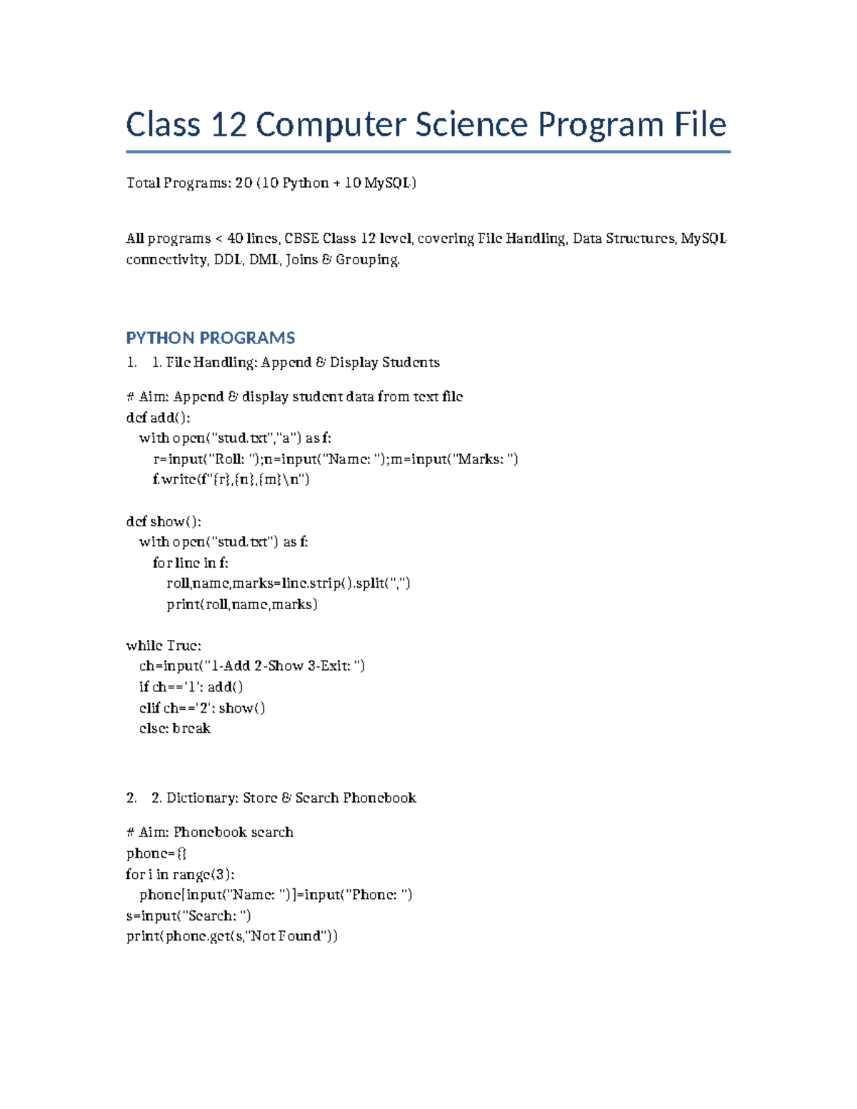 Class 12 CS Program File: 20 Python & MySQL Examples - Studocu
