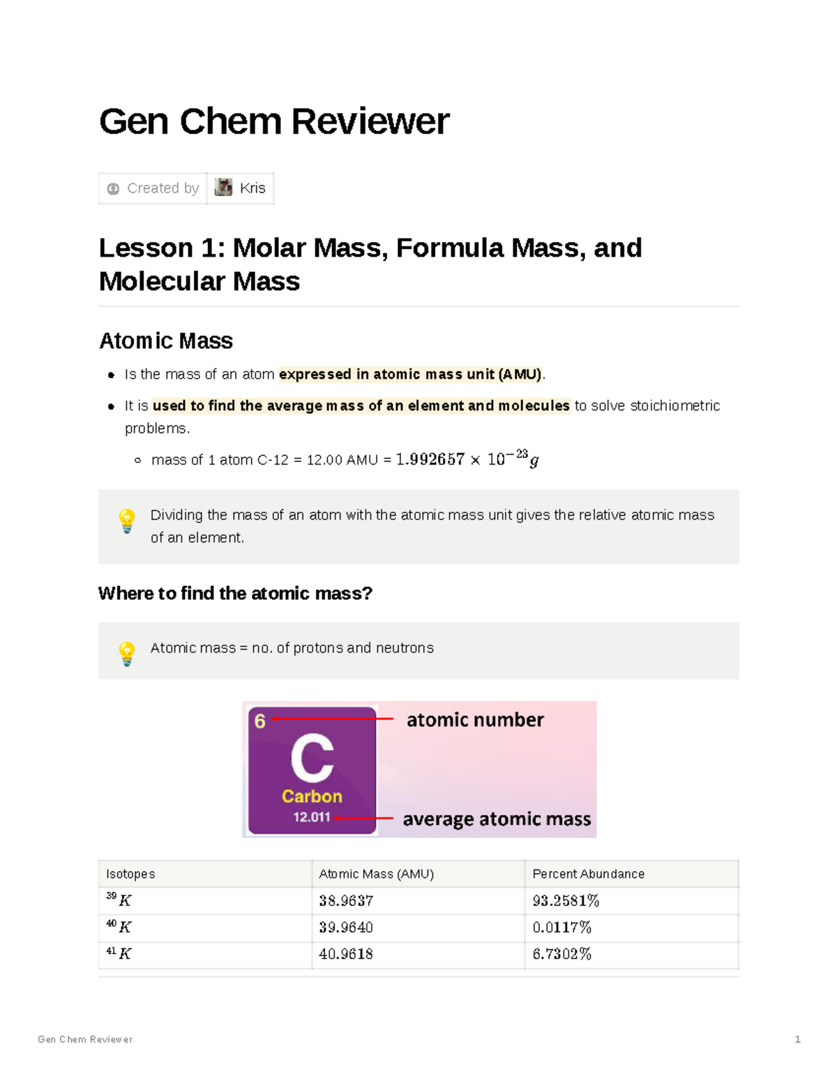 Gen Chem Reviewer - Gen Chem Reviewer Created by Kris Lesson 1: Molar ...