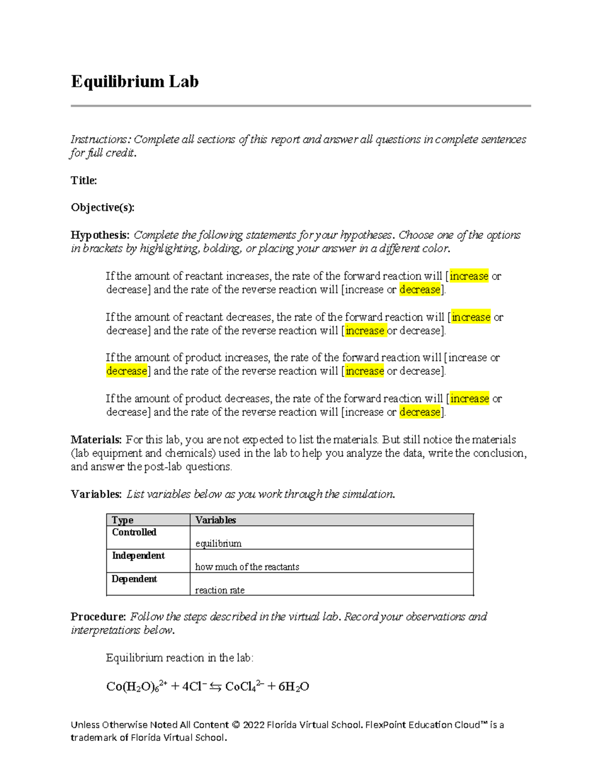 7.05 Equilibrium Lab Assignment - FLVS - Studocu