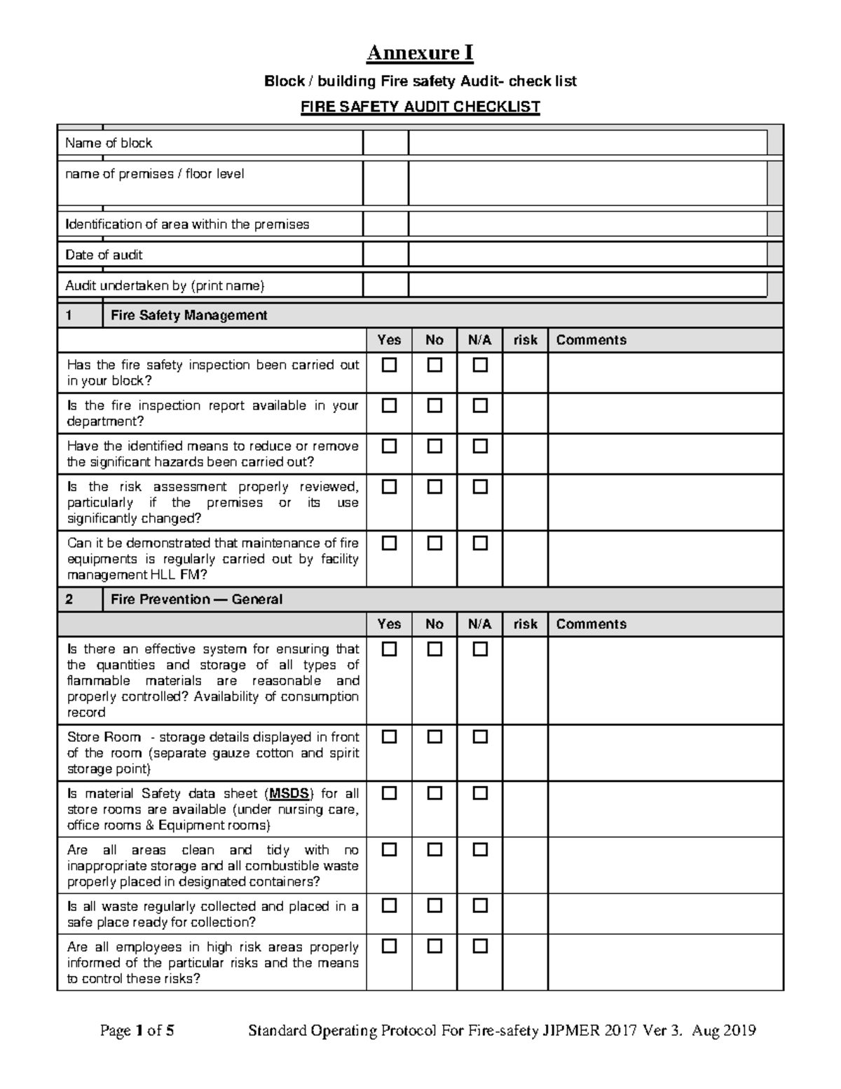 Fire safety Audit Checklist Aug 2019 - Annexure I Block / building Fire ...