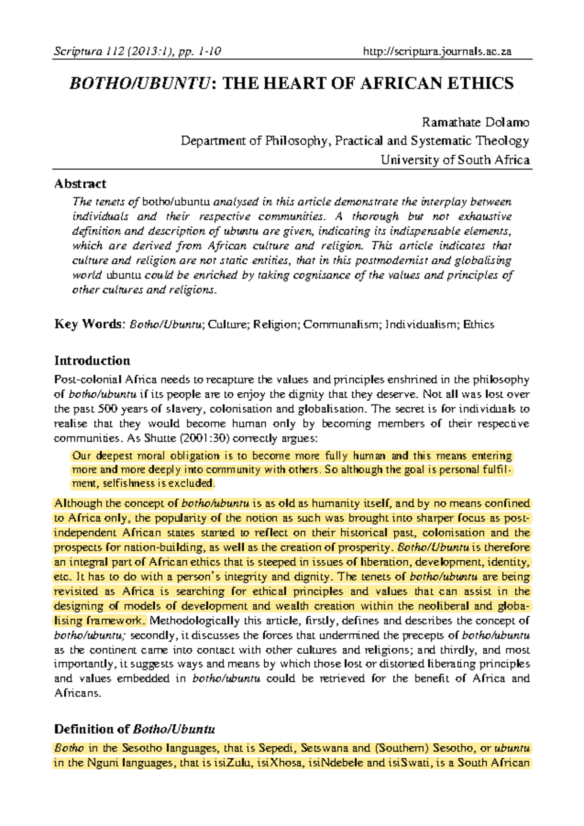 Botho/Ubuntu: African Ethics and Community Living - Scriptura 112 - Studocu