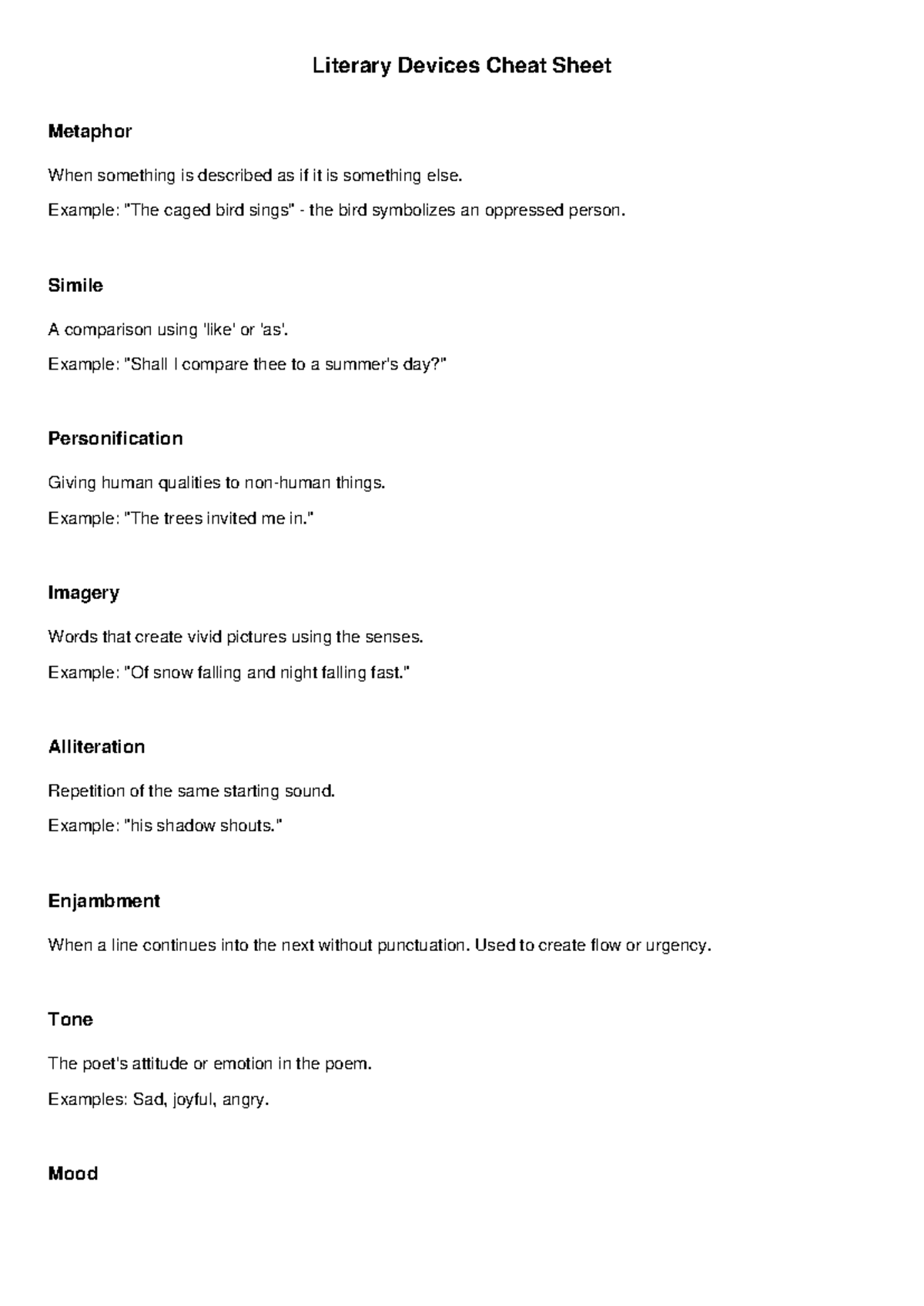 Literary Devices Cheat Sheet: Key Concepts and Examples - Studocu