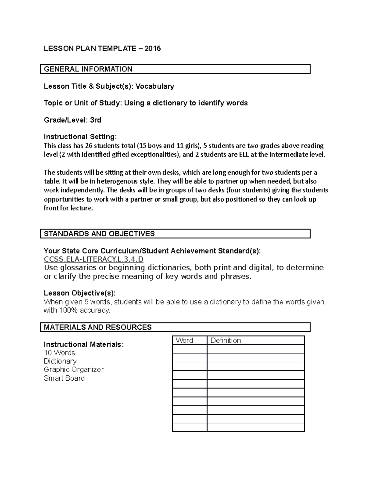 Lesson Plan: Vocabulary Skills Using a Dictionary for 3rd Grade - Studocu