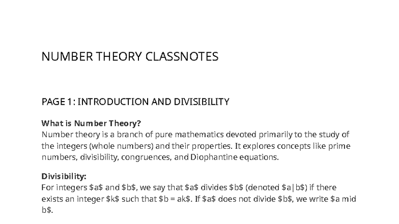 MATH 101: Number Theory Class Notes - Intro & Divisibility - Studocu
